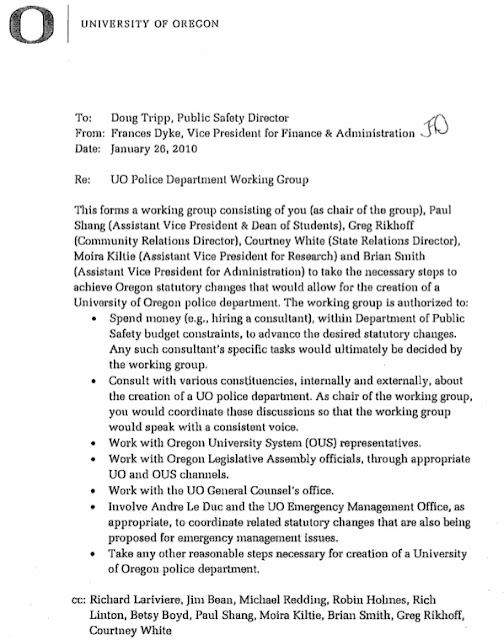 UO Police Department memo from Frances Dyke – UO Matters