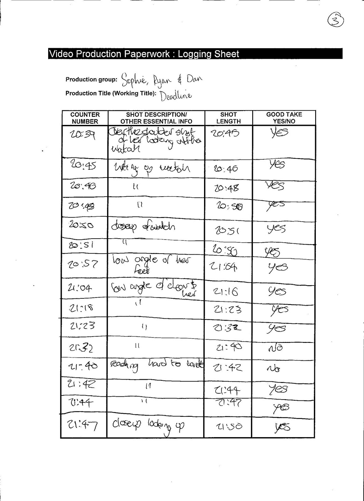 Media Coursework Blog: Section 10: Video Log Sheets