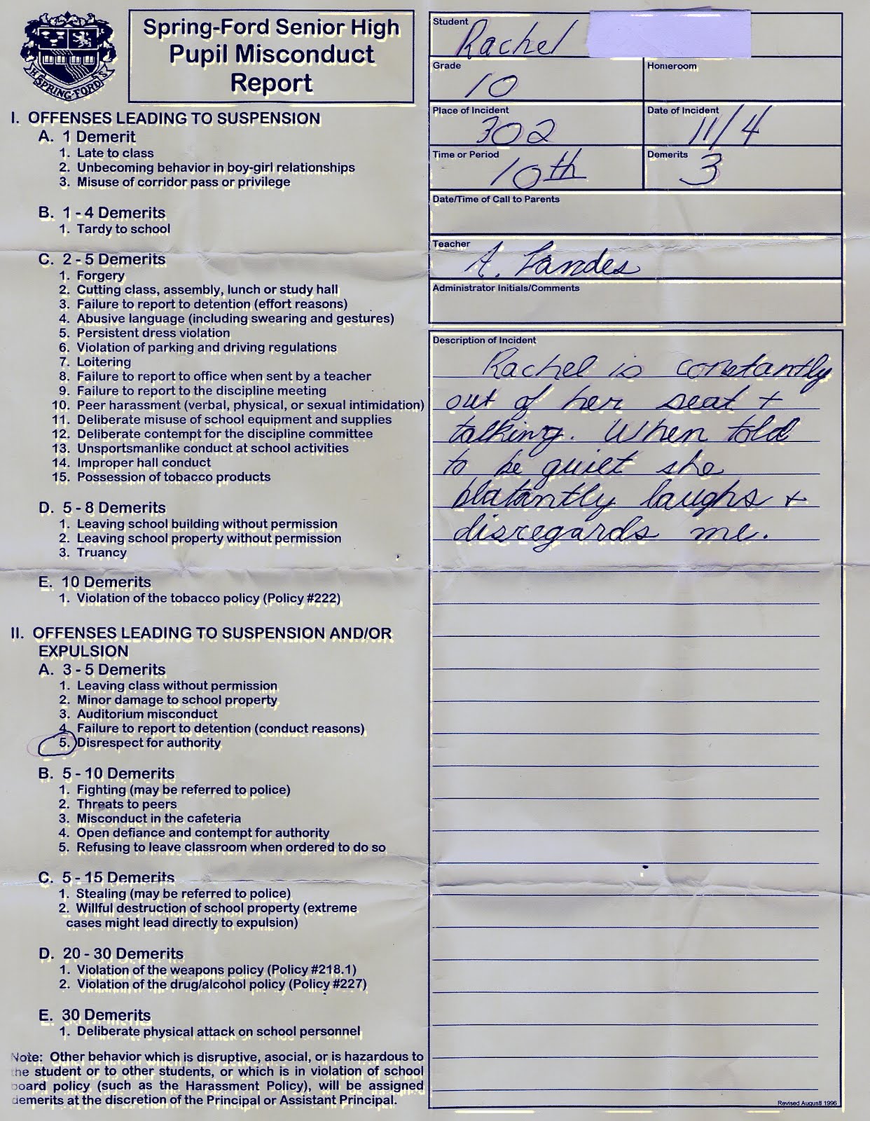 Gems from a messy childhood closet: Demerit Slip: Three Demerits for ...