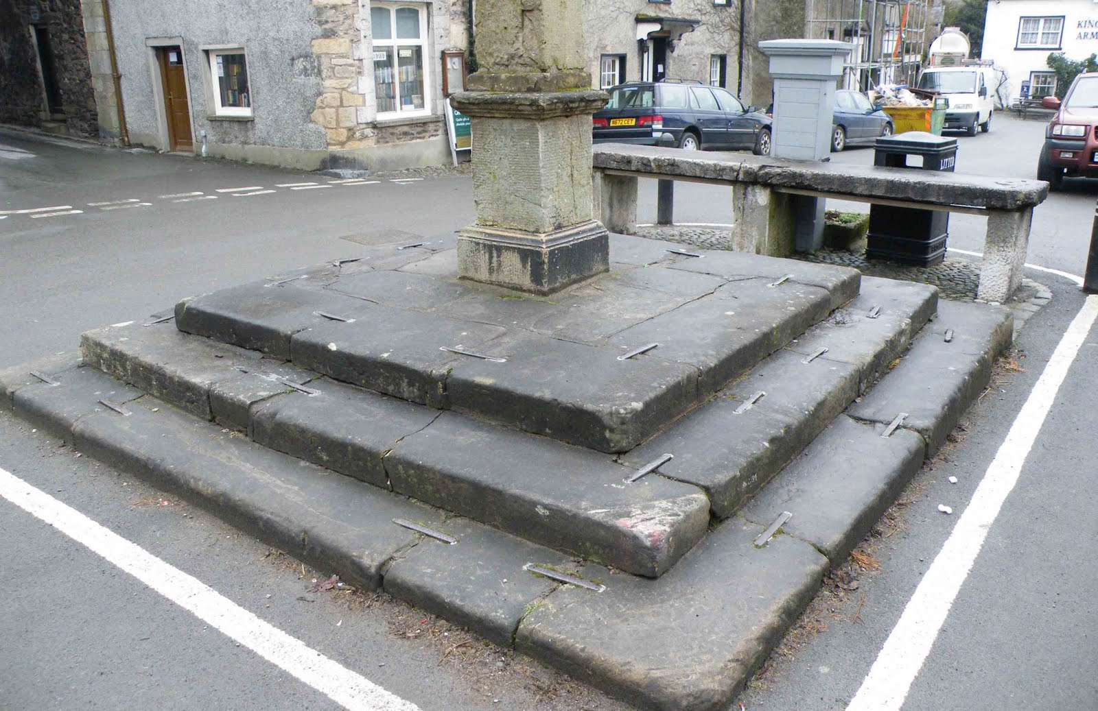 Cumbrian churches: Market Cross and fish stones, Cartmel