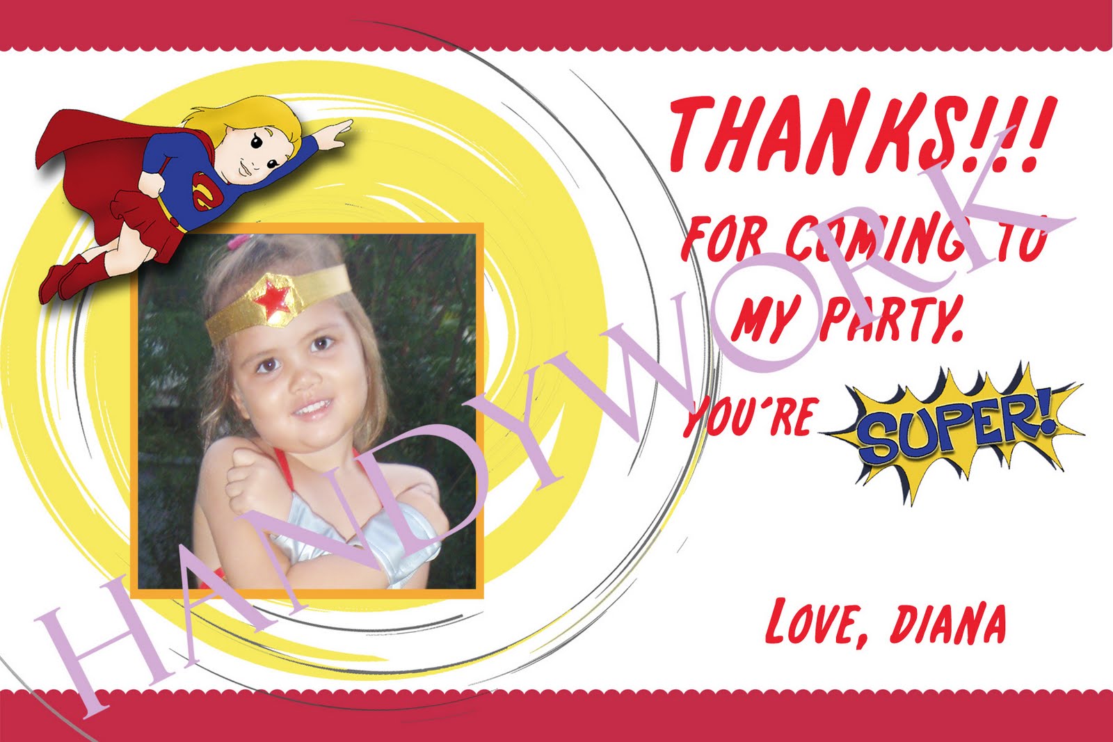 HandyWork: Super Kids Party - Customised Thank You Card For A Little Girl