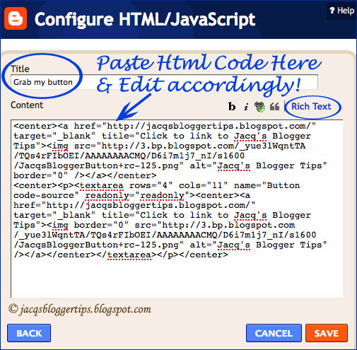 Jacqs Blogger Tips Display A Blog Button With Text Box For Code In Blogger