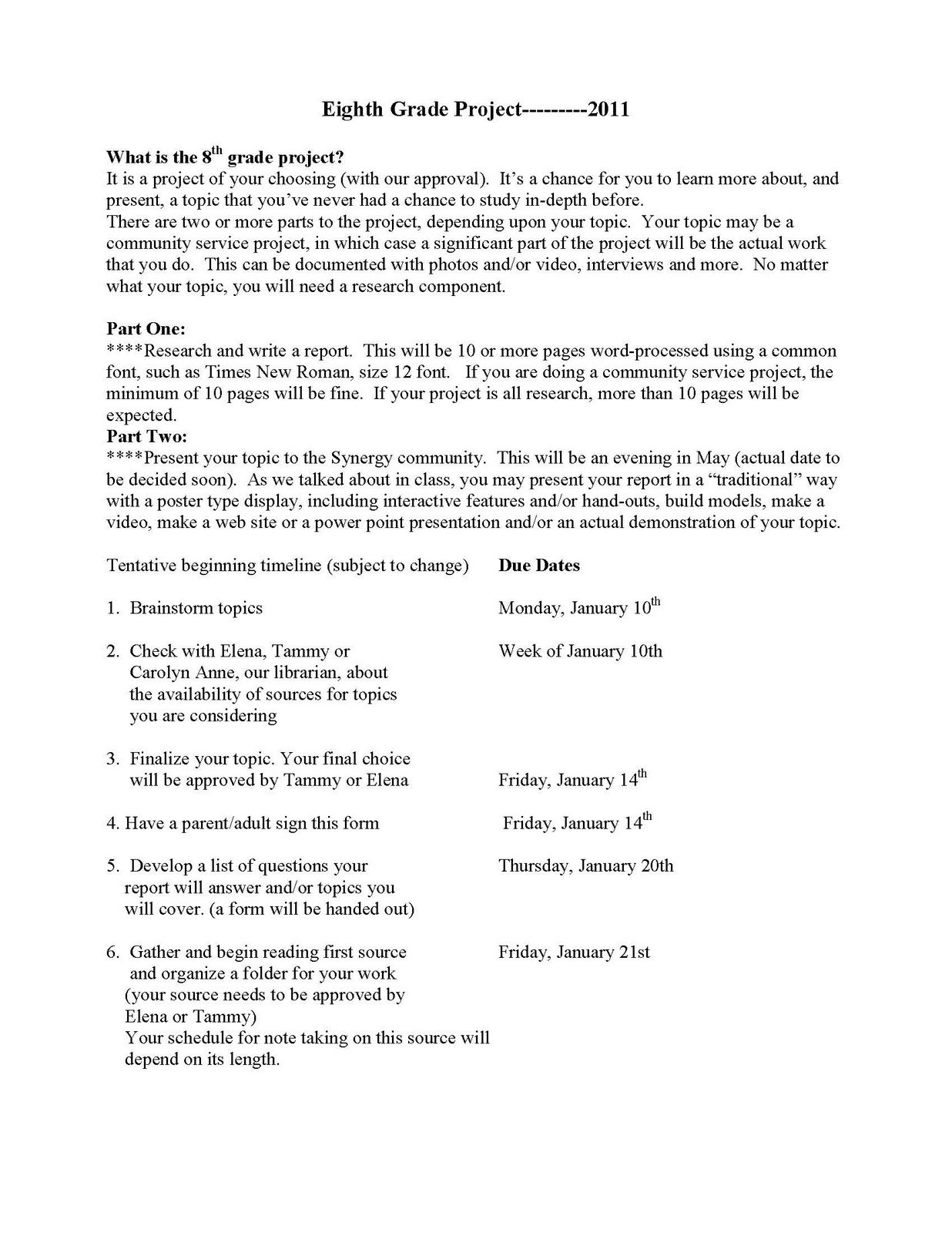 Synergy Humanities: 8th Grade Project 2011