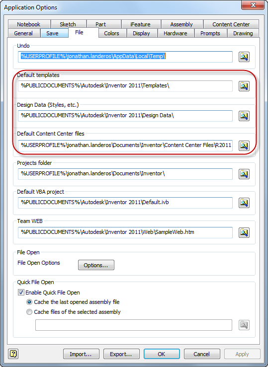 Defining the paths in Application Options