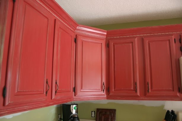 Distressed red cabinets. | Red cabinets, Cabinet makeover, Cottage ...