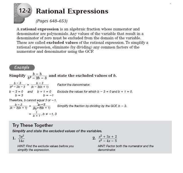 Algebra: Chapter 12 Rational Expressions and Equations