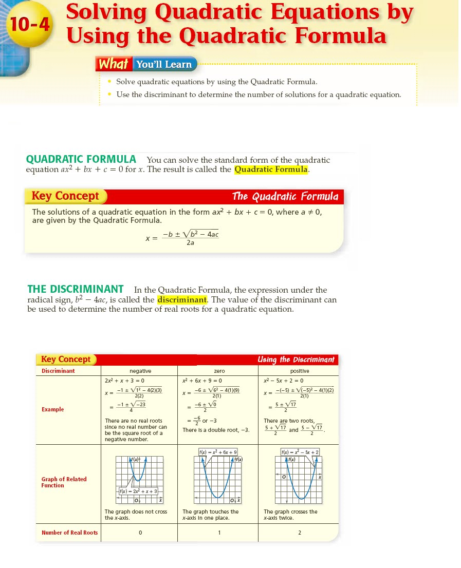 Algebra: 10.4 Solving Quadratic Equations by Using the Quadratic Formula