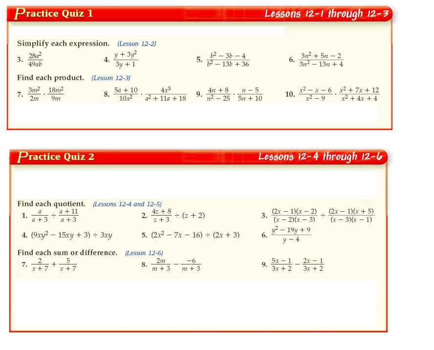 Algebra: Chapter 12 Rational Expressions and Equations
