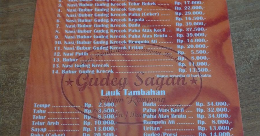 Foto : Daftar Menu dan Harga Gudeg Sagan Jogja