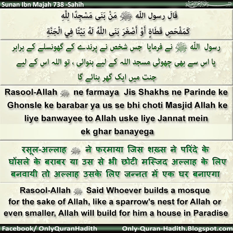 Only-Quran-Hadith: Hadith : Jo Allah ke liye Masjid banwayega Allah ...